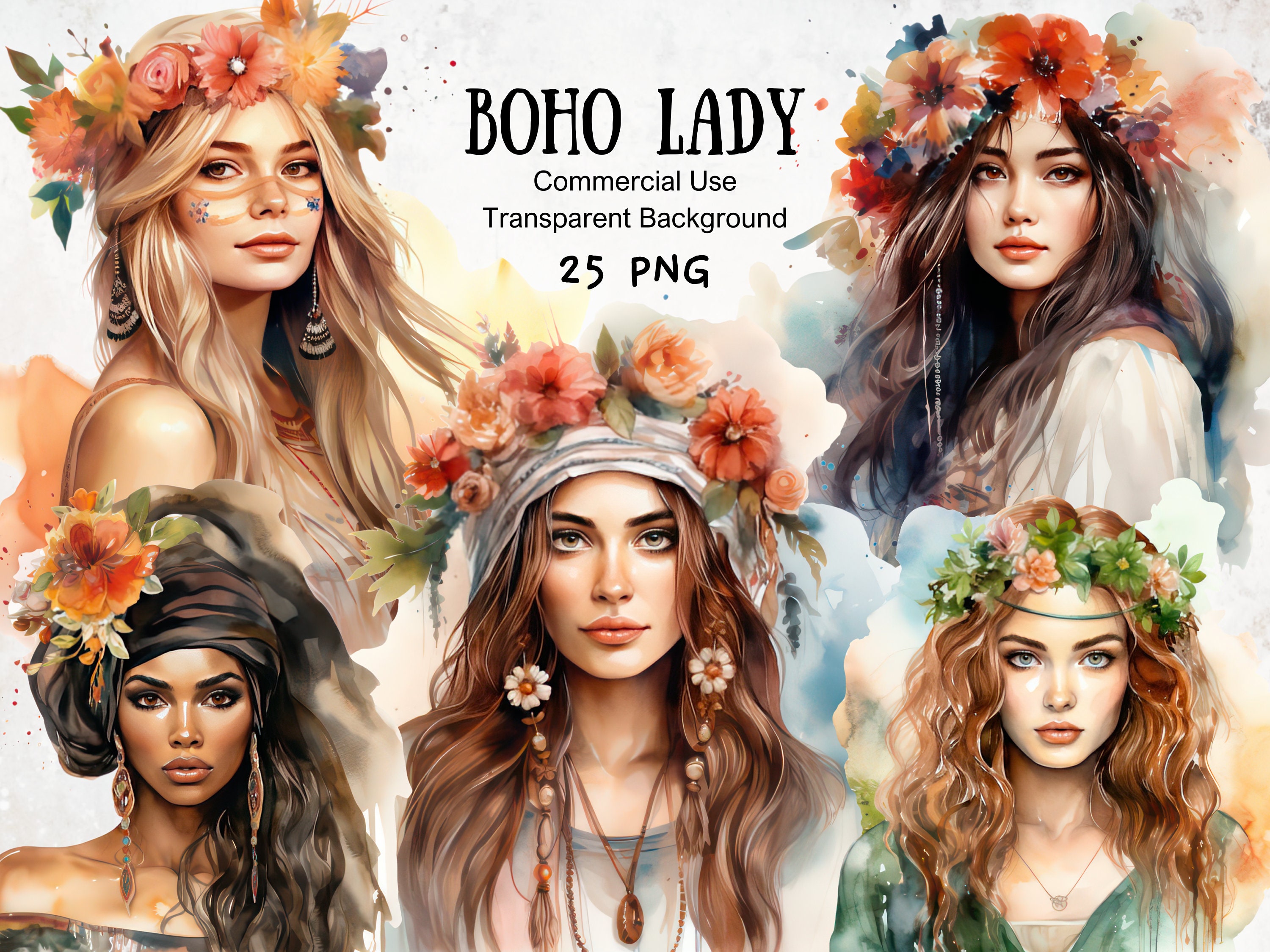 Watercolor Boho Woman Clipart Boho Lady Bohemian Themed - Etsy