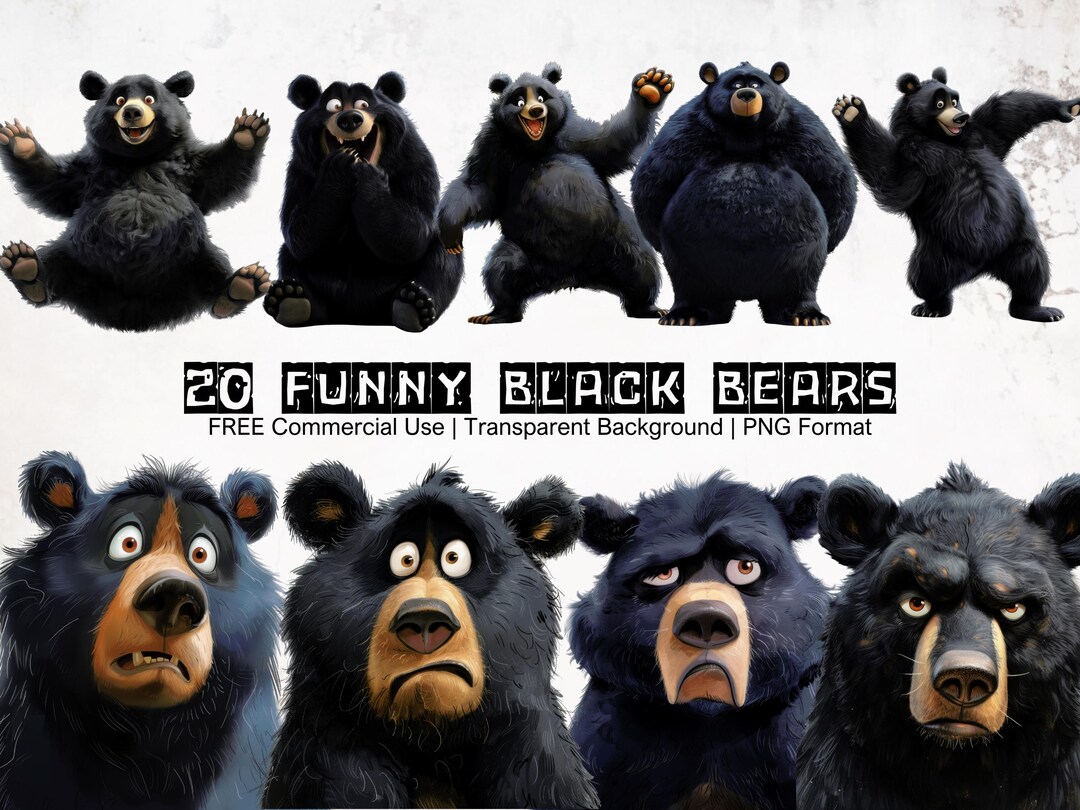 Funny Black Bears Clipart: Forest Animal PNG Graphics (digital Download ...