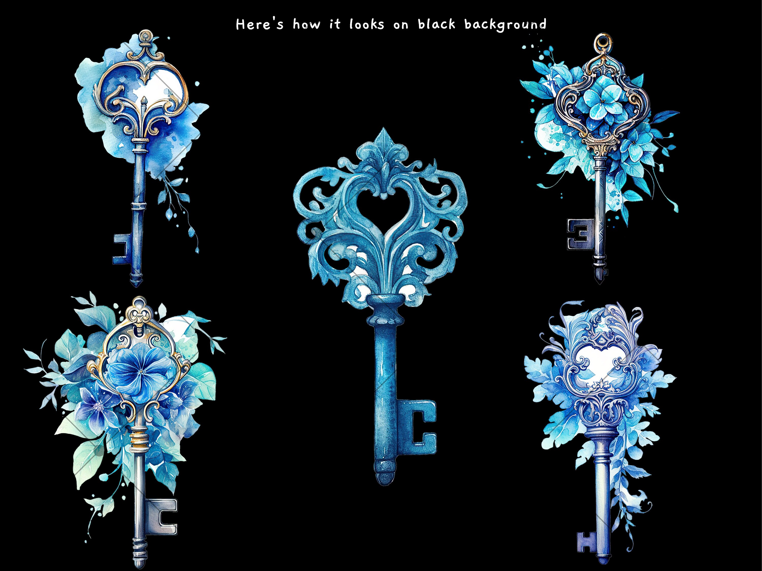 Watercolor Fantasy Blue Key Clipart for Whimsical Projects, Blue Themed ...