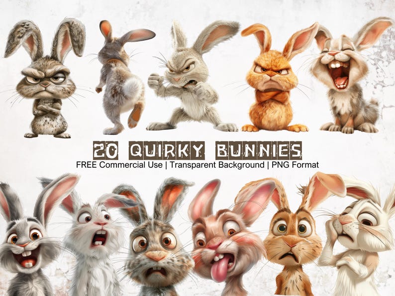 Quirky Bunnies Clipart Bundle, Funny Bunny Graphics PNG, Humorous ...