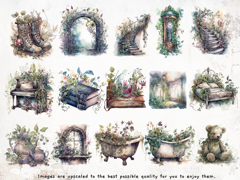 Overgrown Things Clipart Bundle: Watercolor Mossy Objects (digital ...