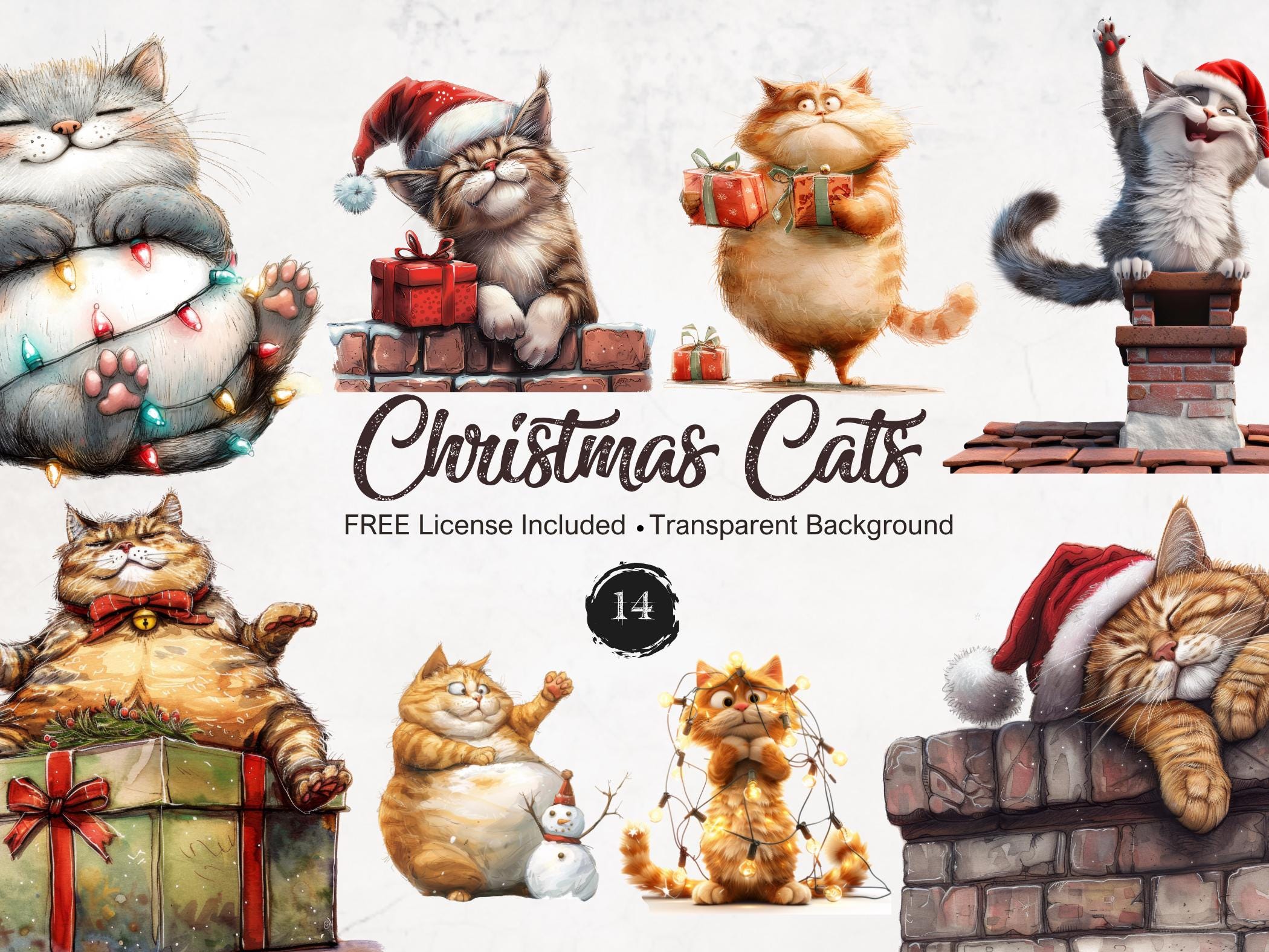 Quirky Christmas Cat Clipart Whimsical Funny Animals Silly Holiday Cat ...