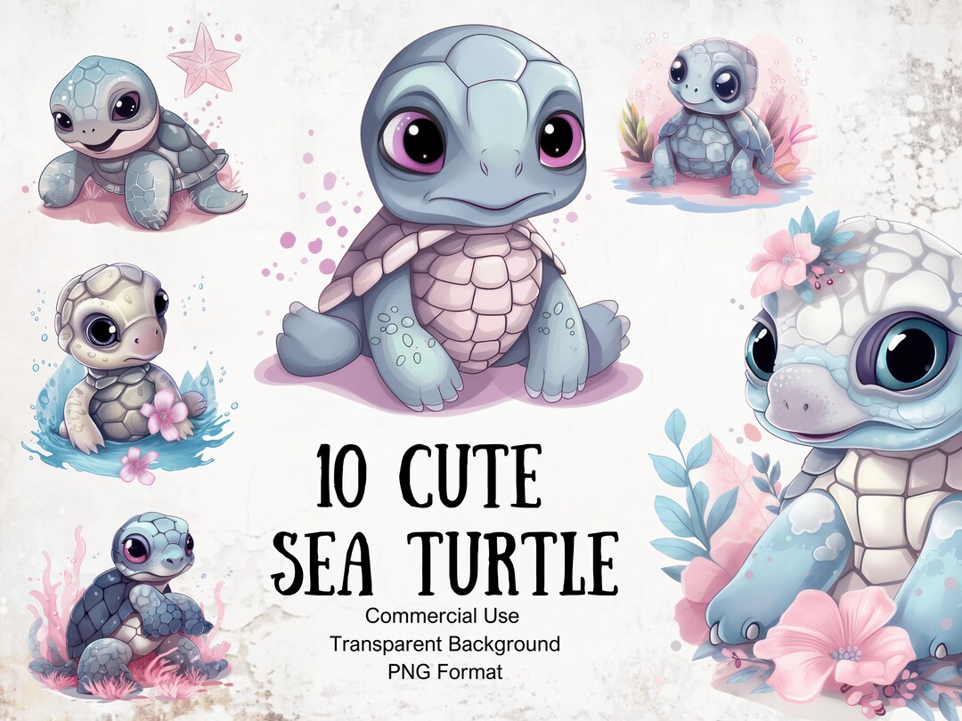 Sea Turtle Clipart in Pink and Blue Theme With Transparent Background ...