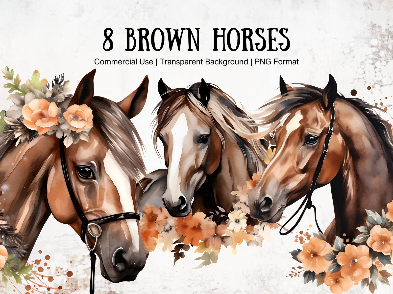 Horse Clipart Watercolor Printable Graphics Brown Floral Pony Images ...
