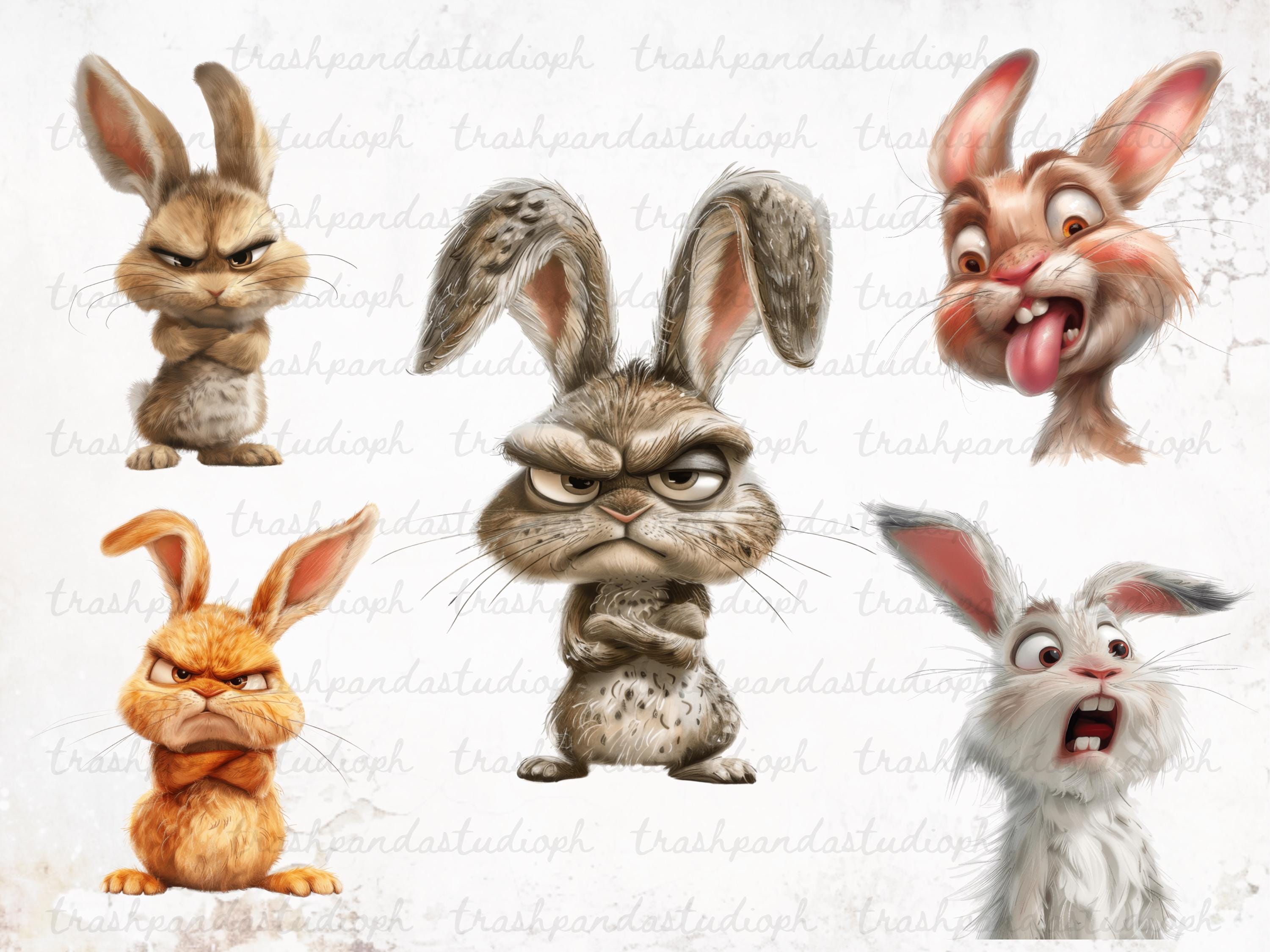 Quirky Bunnies Clipart Bundle, Funny Bunny Graphics PNG, Humorous ...