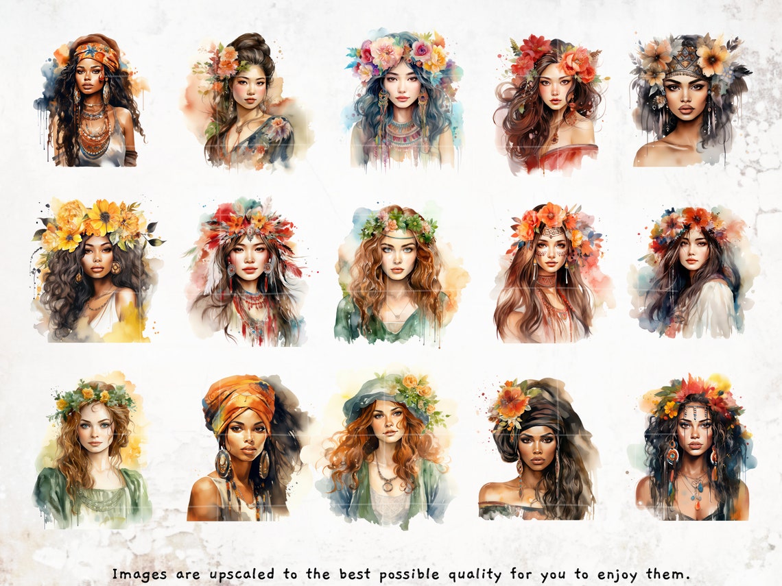 Watercolor Boho Woman Clipart: Diverse Ladies PNG (digital Download) - Etsy