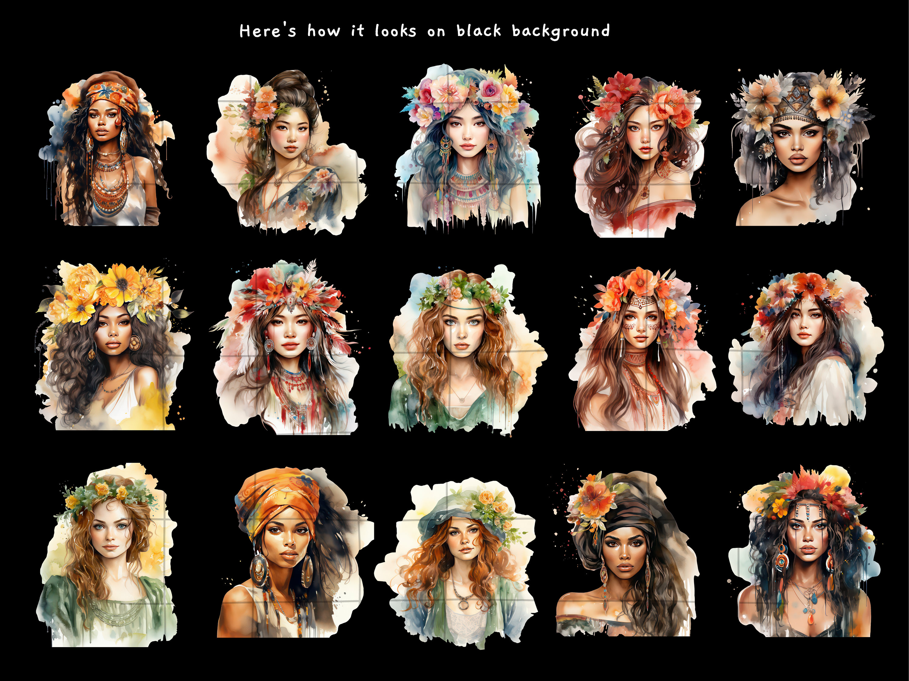 Watercolor Boho Woman Clipart Boho Lady Bohemian Themed - Etsy