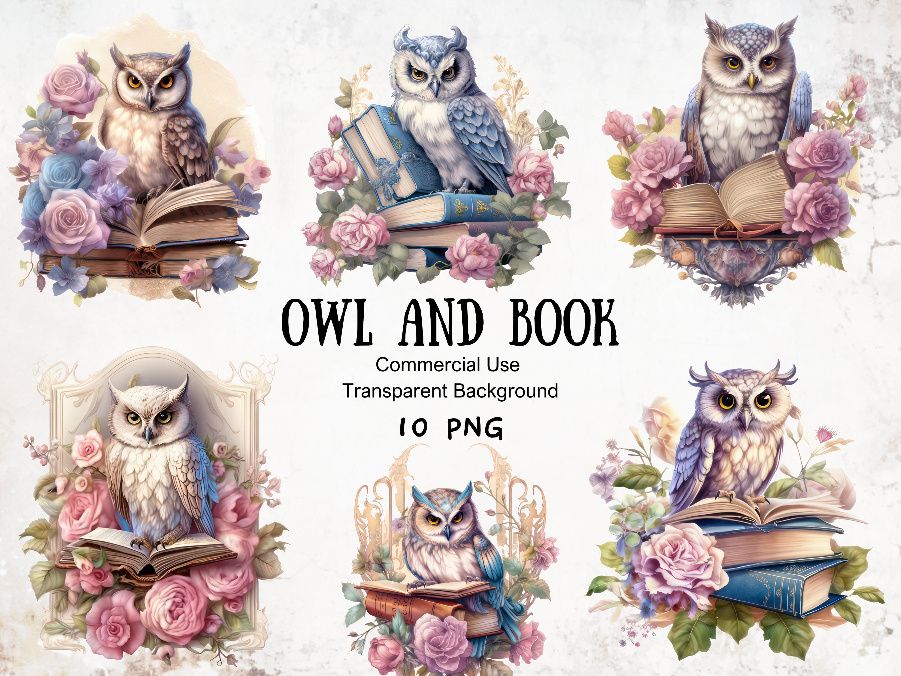 Owl and Book Pastel Watercolor, Floral Owl and Book, Fantasy Clipart ...