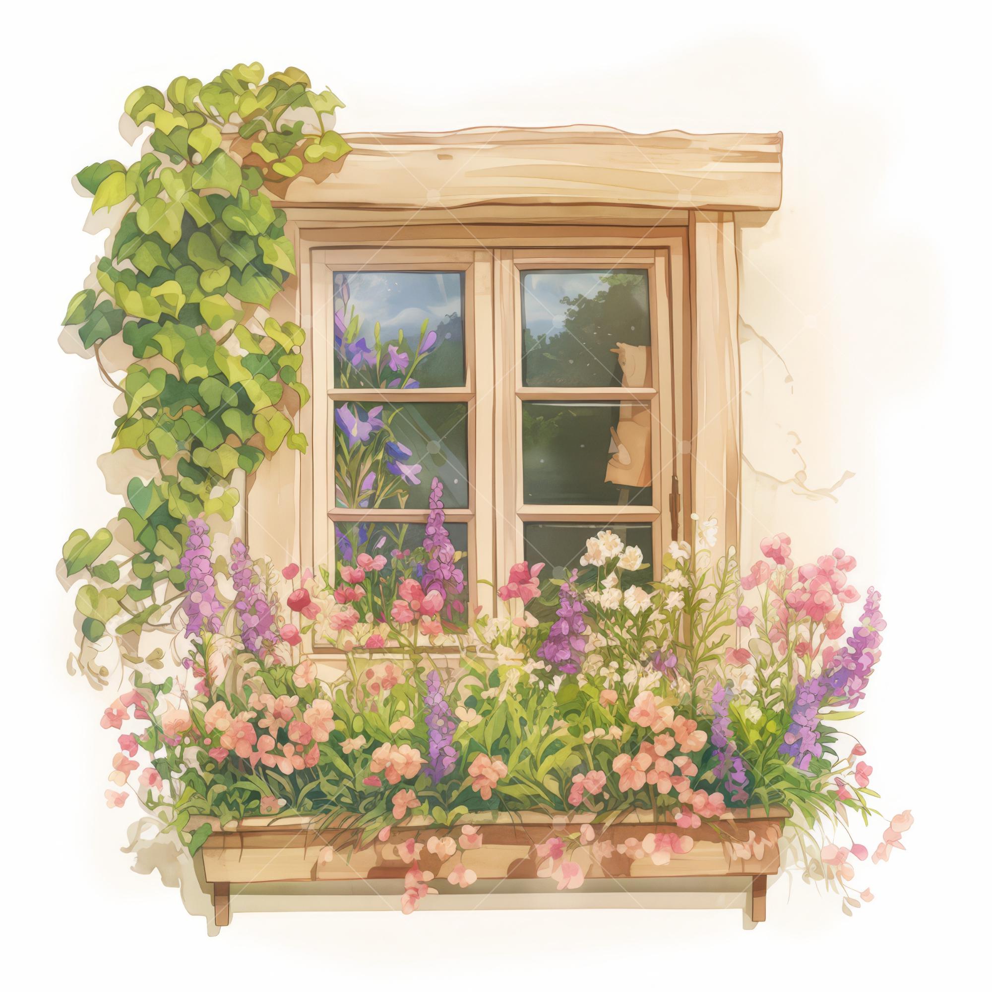 Floral Window Clipart Watercolor Cottagecore Fantasy Graphics Cozy ...