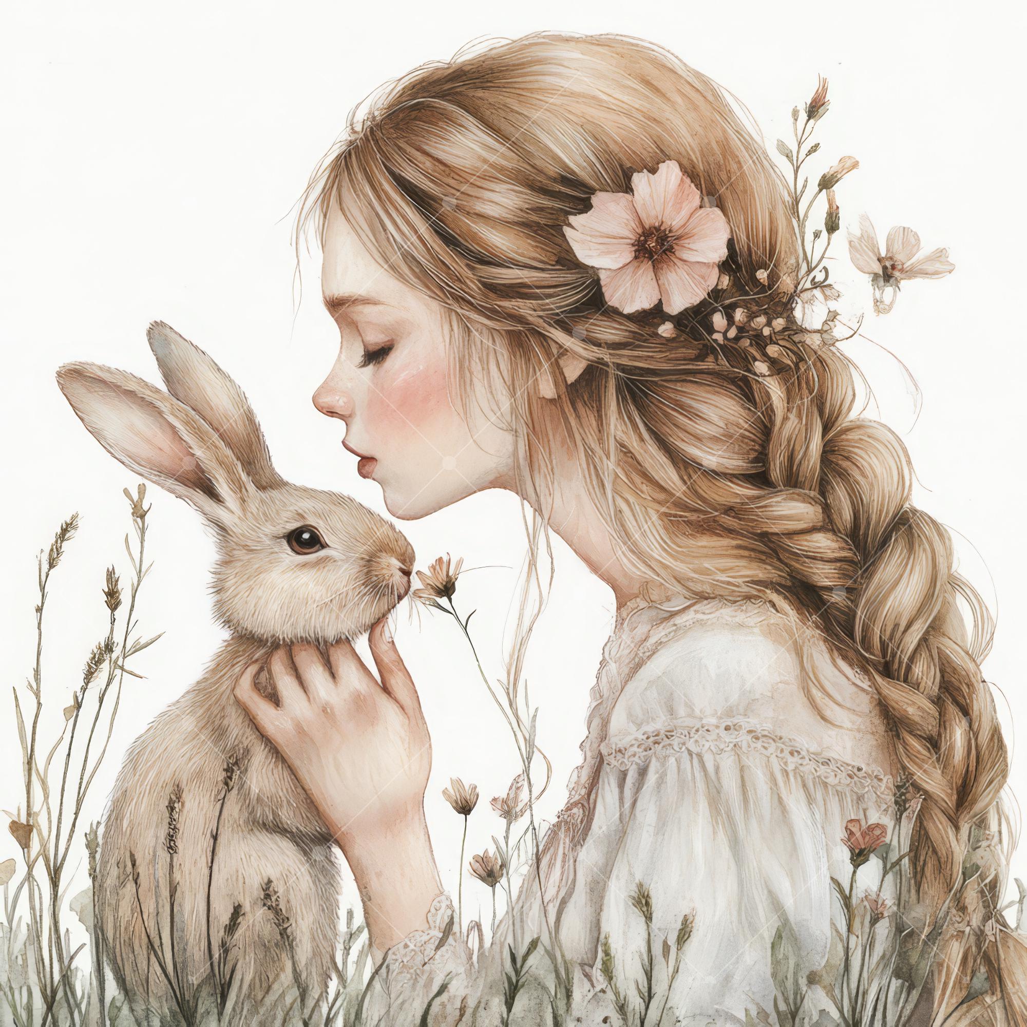Cottage Girl Whimsical Clipart Rabbit and Girl Graphics Dreamy ...