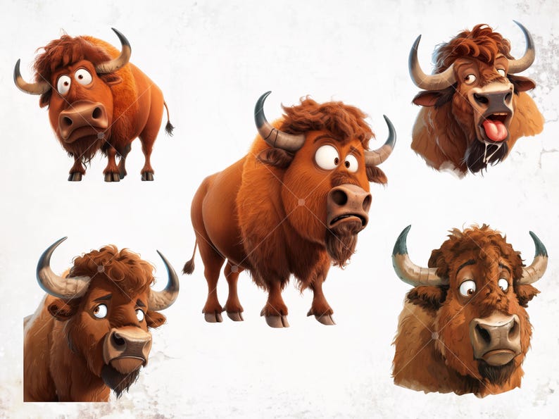 Quirky Bison Cartoon Clipart Bundle: Funny Animal PNG Images (digital ...