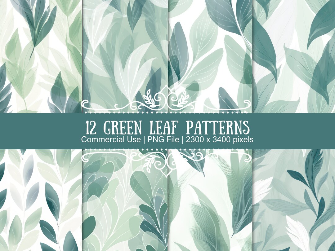 Green Leaf Patterns, Wall Art Print, Digital Paper Bundle PNG, Office ...