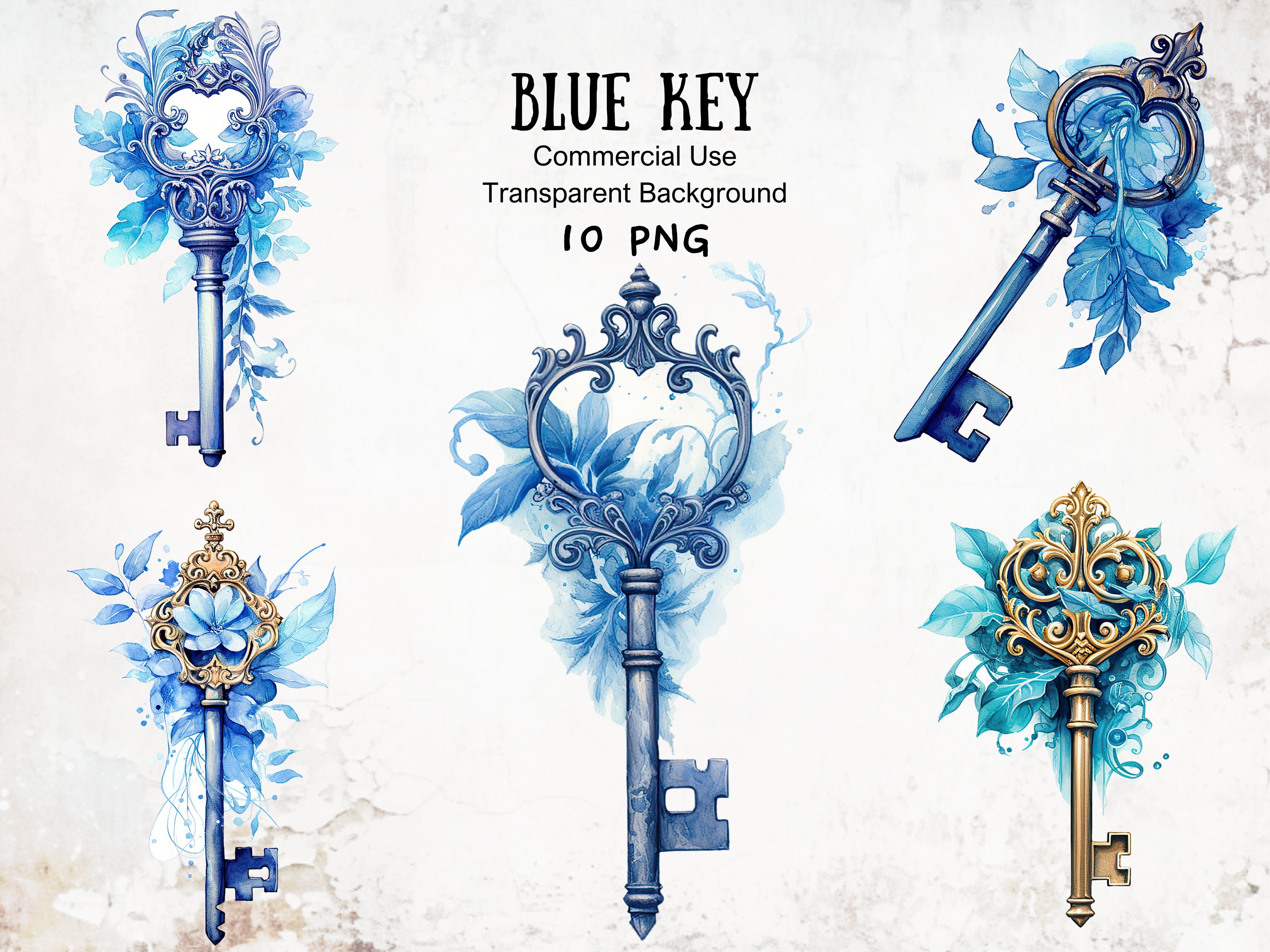 Watercolor Fantasy Blue Key Clipart for Whimsical Projects, Blue Themed ...