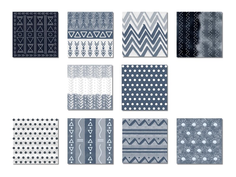 Hand Drawn Boho Digital Papers Blue Theme Print Pack Bohemian Texture ...