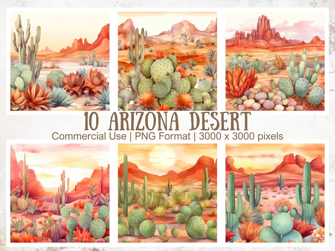 Watercolor Arizona Desert Digital Paper: Cactus Sunset Landscape (PNG ...