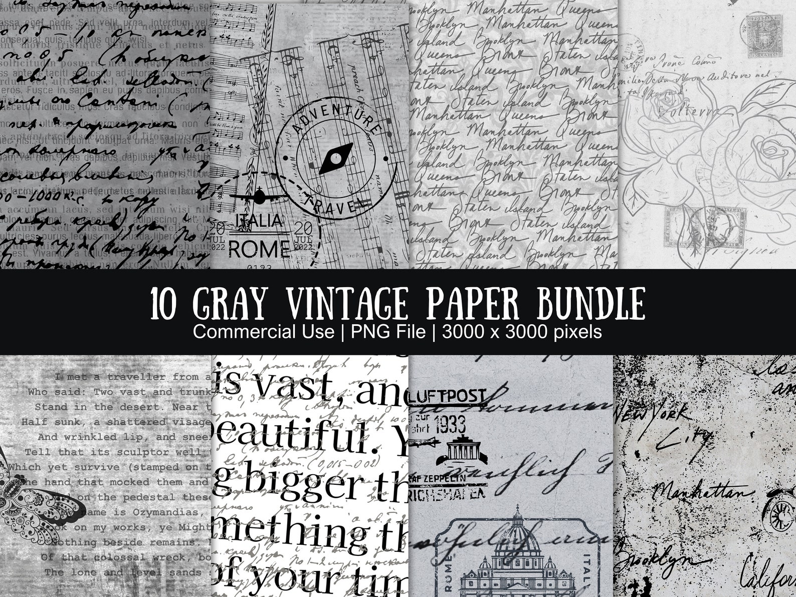 Gray Vintage Paper Bundle, Grunge Junk Journal, Gray Textures, Antique ...