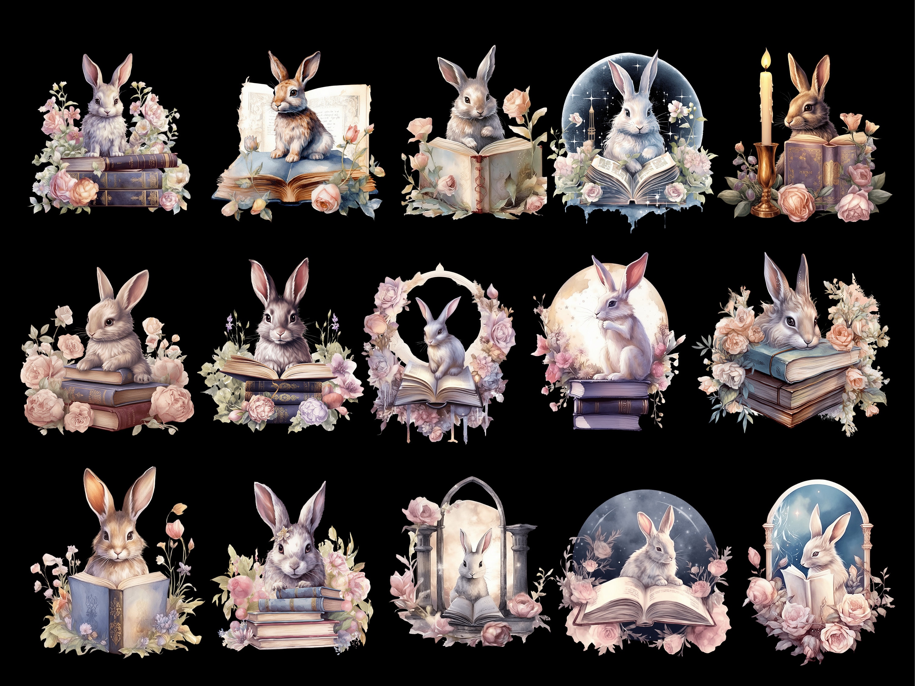 Watercolor Bookworm Bunny Clipart, Fantasy Animal Loving Books ...