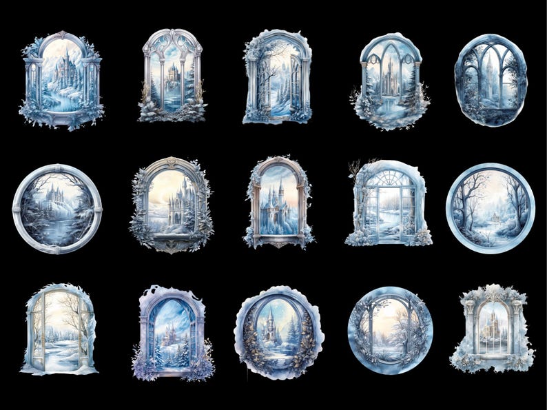 Frosty Window Clipart Whimsical Palace Views in Winter Season Icy ...
