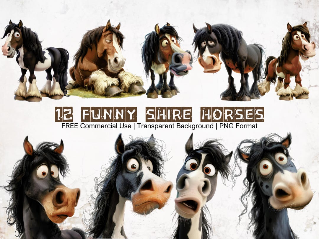 Quirky and Funny Shire Horse Clipart Bundle, Whimsical and Humorous ...
