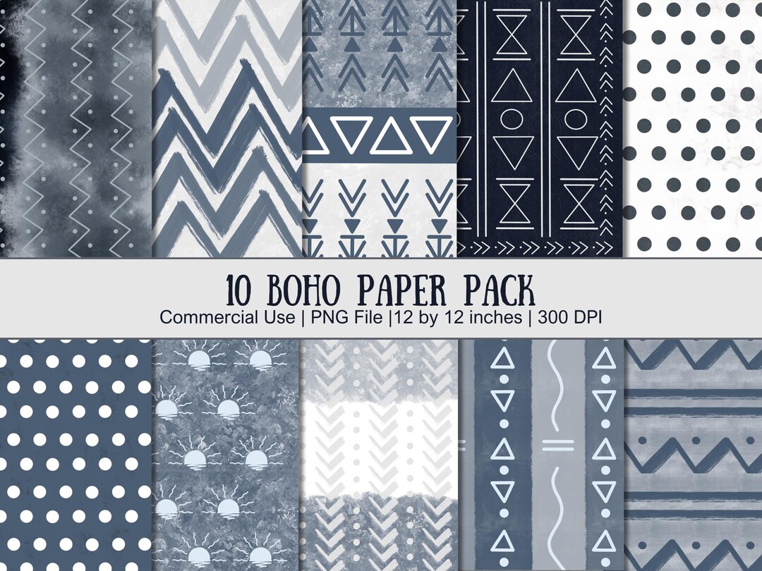 Hand Drawn Boho Digital Papers Blue Theme Print Pack Bohemian Texture ...