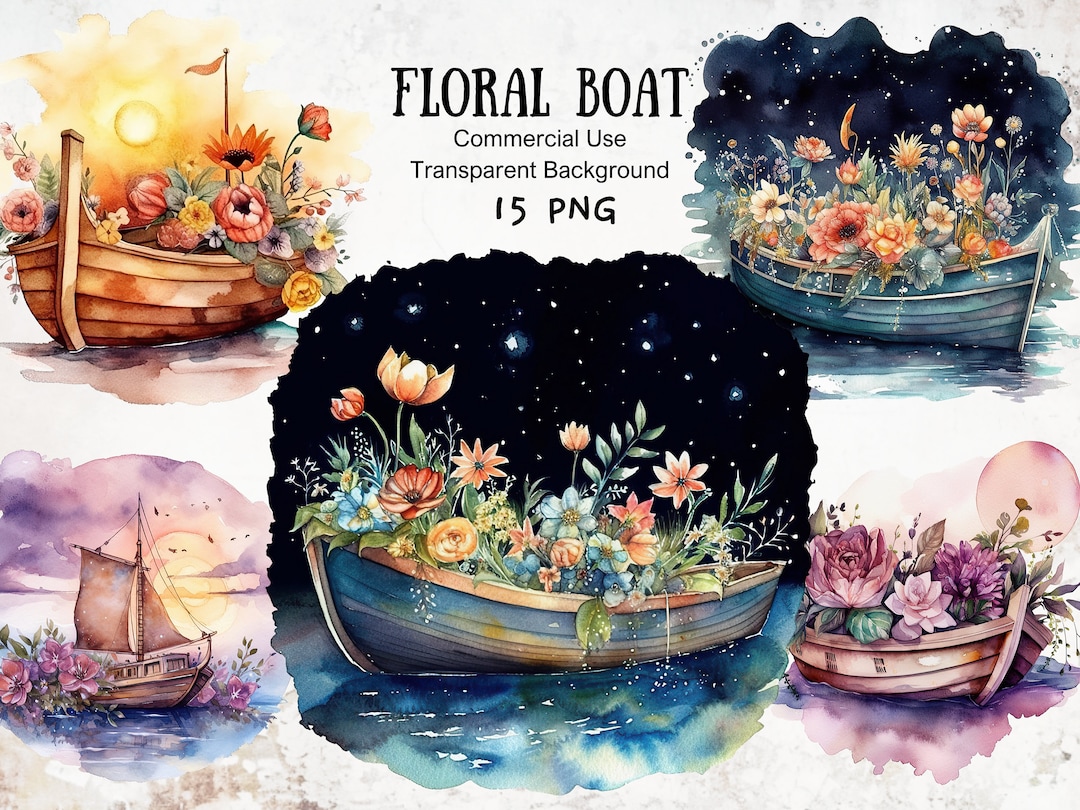 Watercolor Floral Boat Clipart, High Quality PNG, Instant Download ...