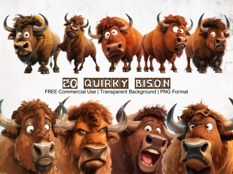 Quirky Bisons Cartoon Clipart Bundle, Funny Faces of a Bison Printable ...
