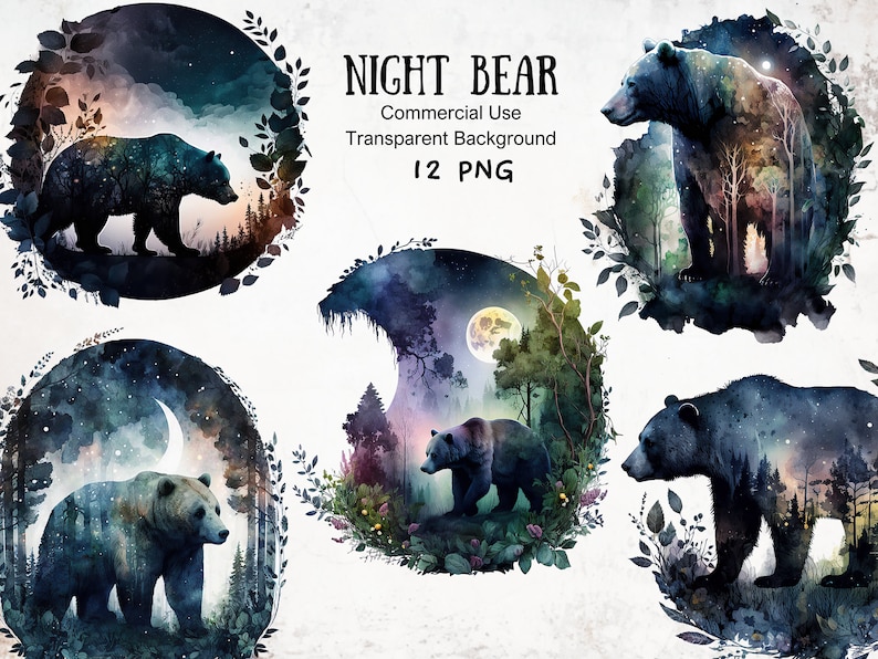 Night Bear Clipart Bear Under the Stars Nocturnal Forest - Etsy