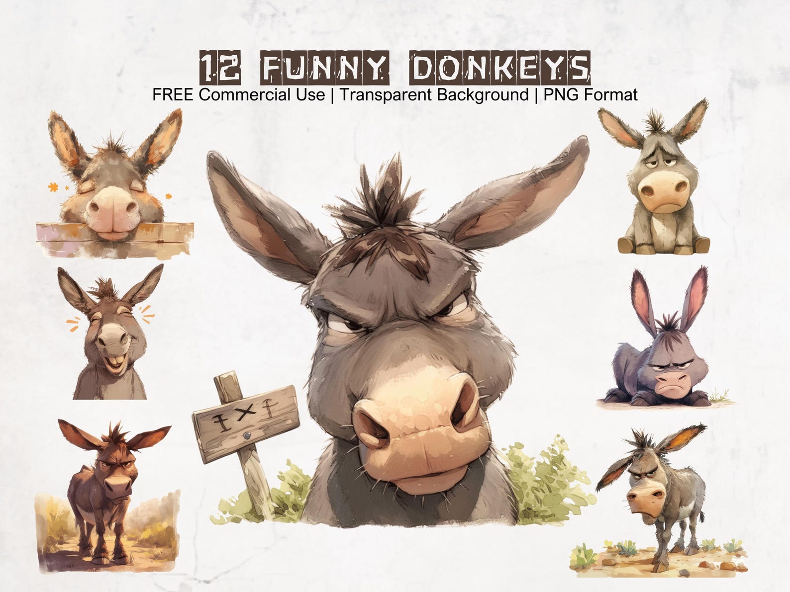 Funny Donkey Faces Clipart Bundle Hilarious Animal PNG Cartoon Graphics ...