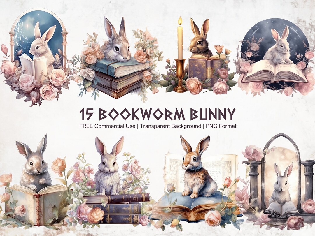 Watercolor Bookworm Bunny Clipart, Fantasy Animal Loving Books ...