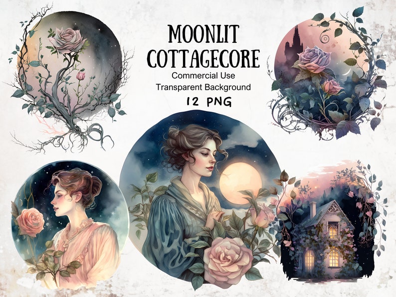 Moonlit Cottagecore Watercolor Clipart, Lady With Rose, Enchanted Floral Cottage Art Bundle ...