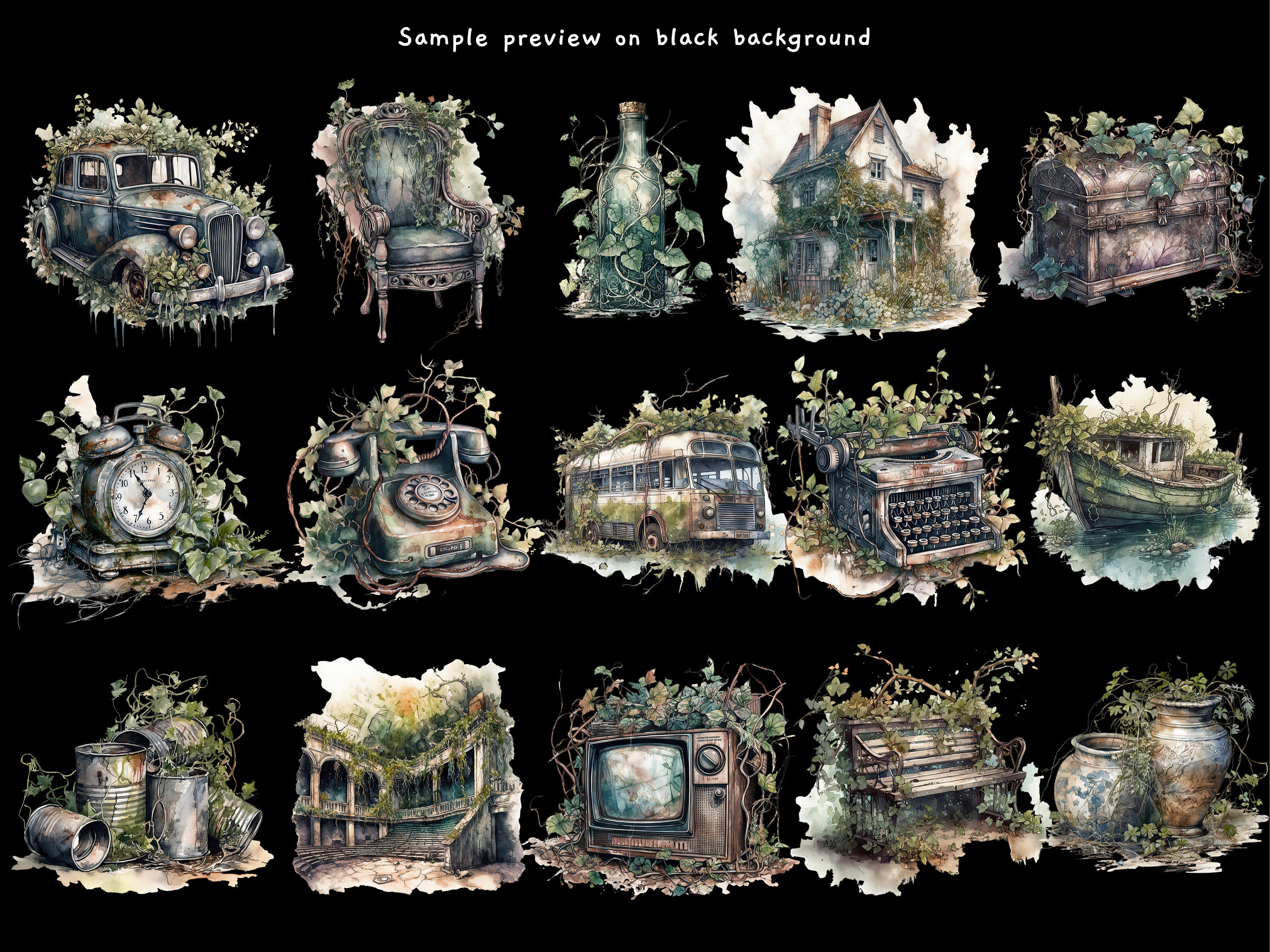 Overgrown Things Clipart Bundle: Watercolor Mossy Objects (digital ...