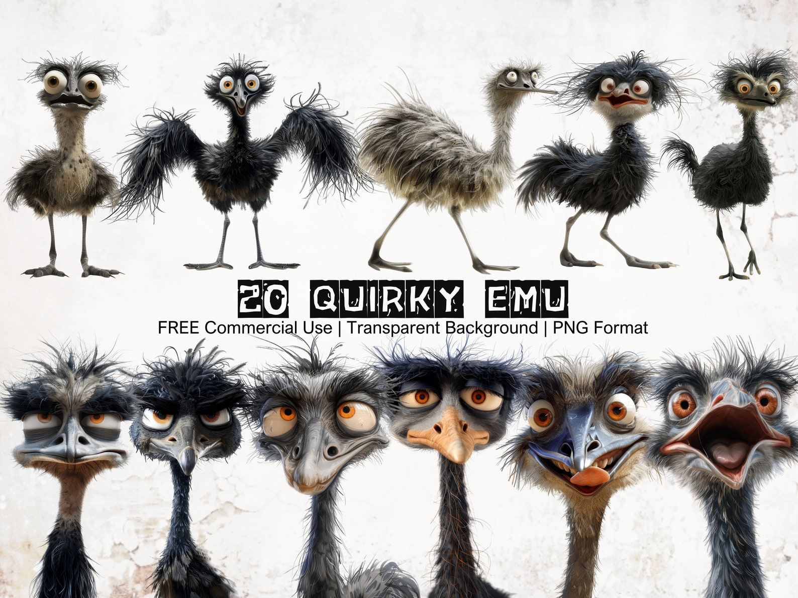 Quirky Emu Clipart Bundle, Funny Emu Cartoon PNG, Bird Graphics ...