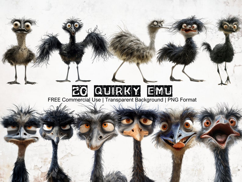Quirky Emu Clipart Bundle: Funny Cartoon PNG Graphics (digital Download ...