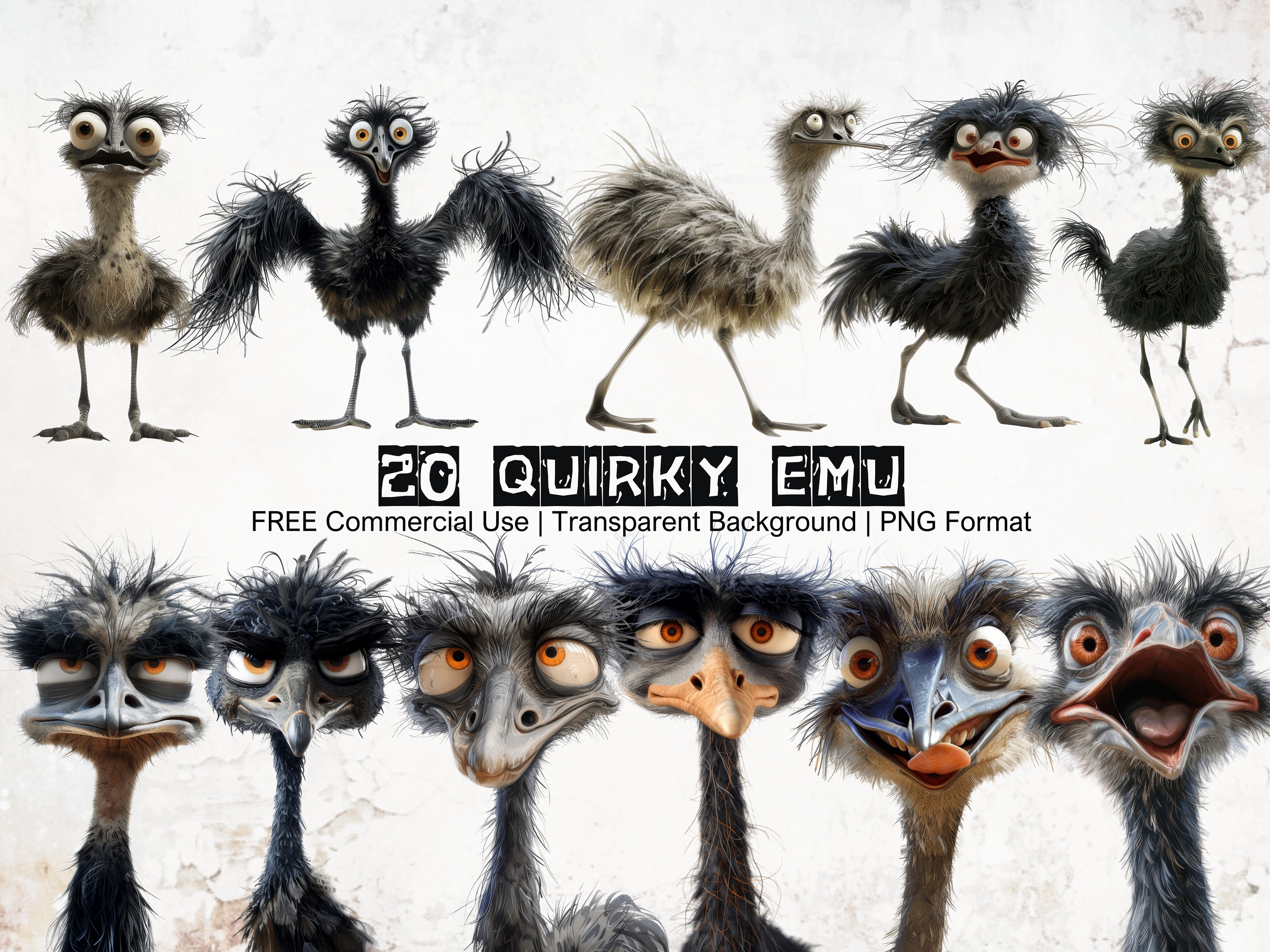 Quirky Emu Clipart Bundle, Funny Emu Cartoon PNG, Bird Graphics ...