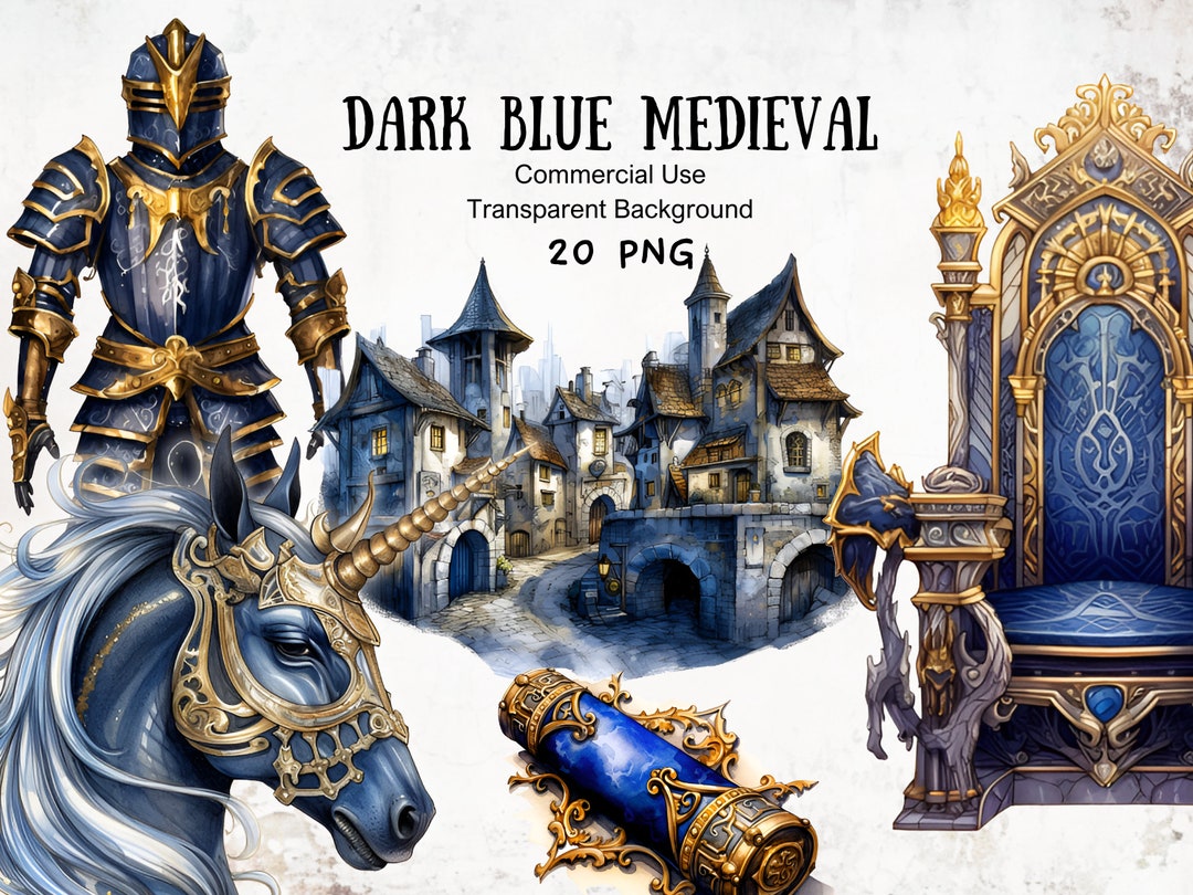 Dark Blue Watercolor Medieval Clipart Watercolor Art - Etsy
