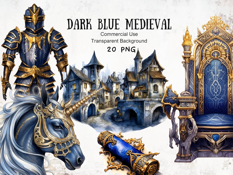 Dark Blue Watercolor Medieval Clipart Watercolor Art - Etsy