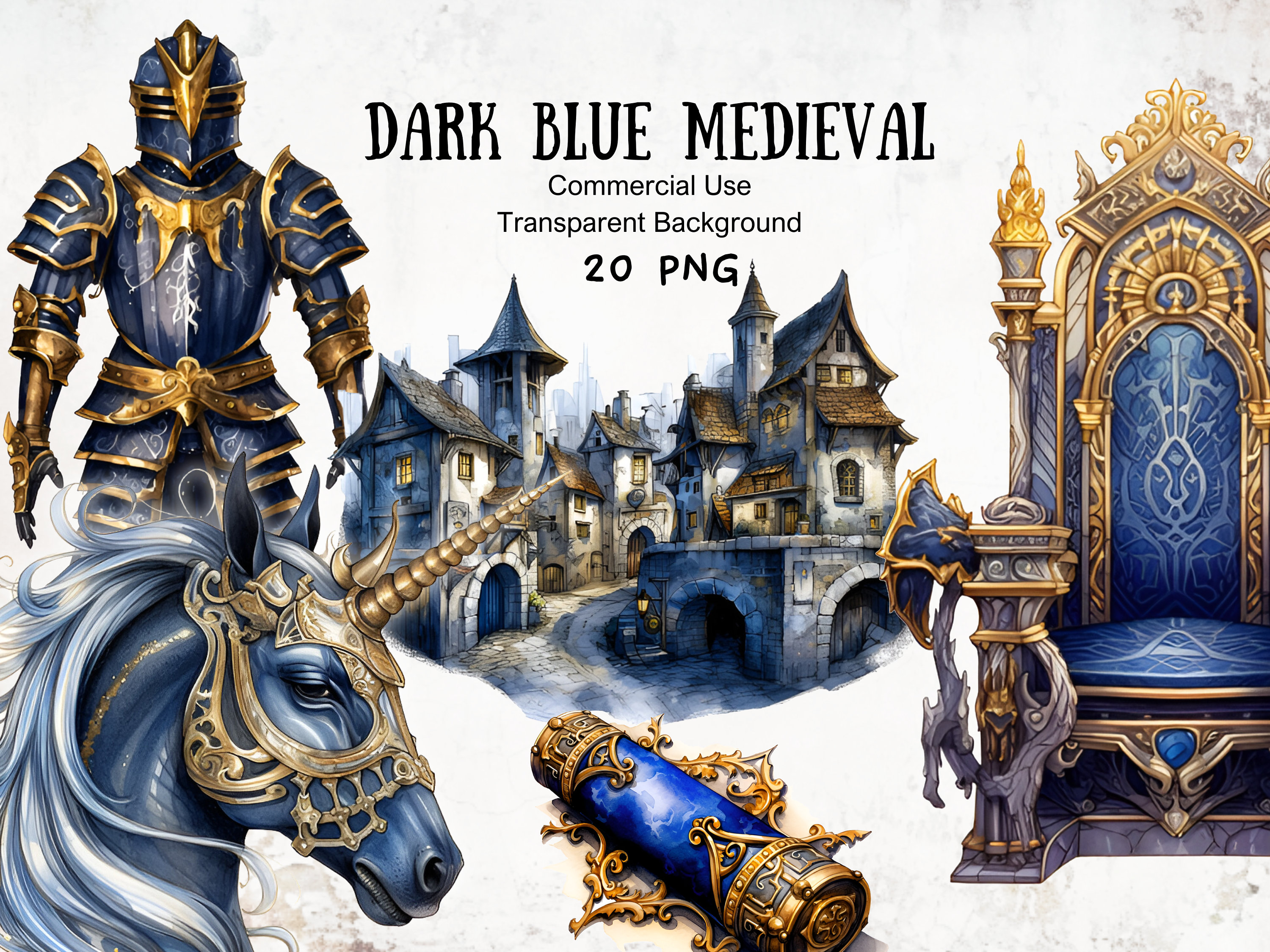 Dark Blue Watercolor Medieval Clipart Watercolor Art - Etsy