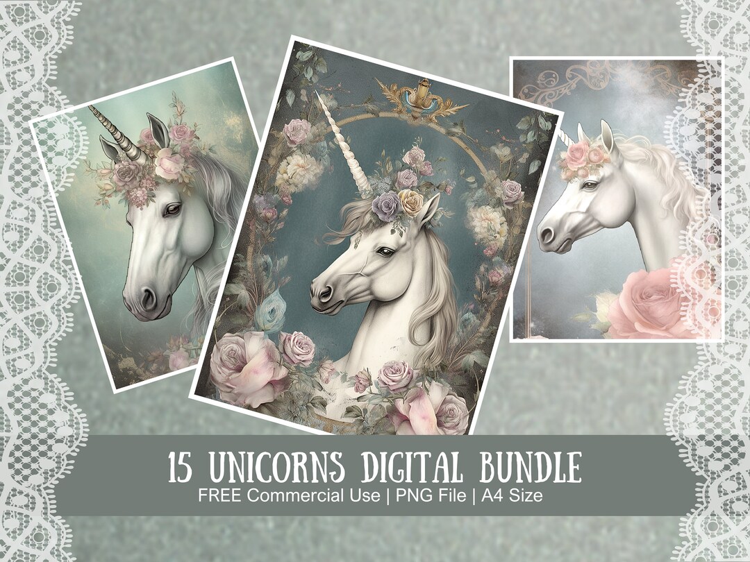 Unicorn Digital Paper Bundle Fantasy Junk Journal Pages Rustic Floral ...