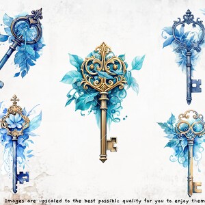 Watercolor Blue Key Clipart: Fairytale Wedding Invitation Graphics ...