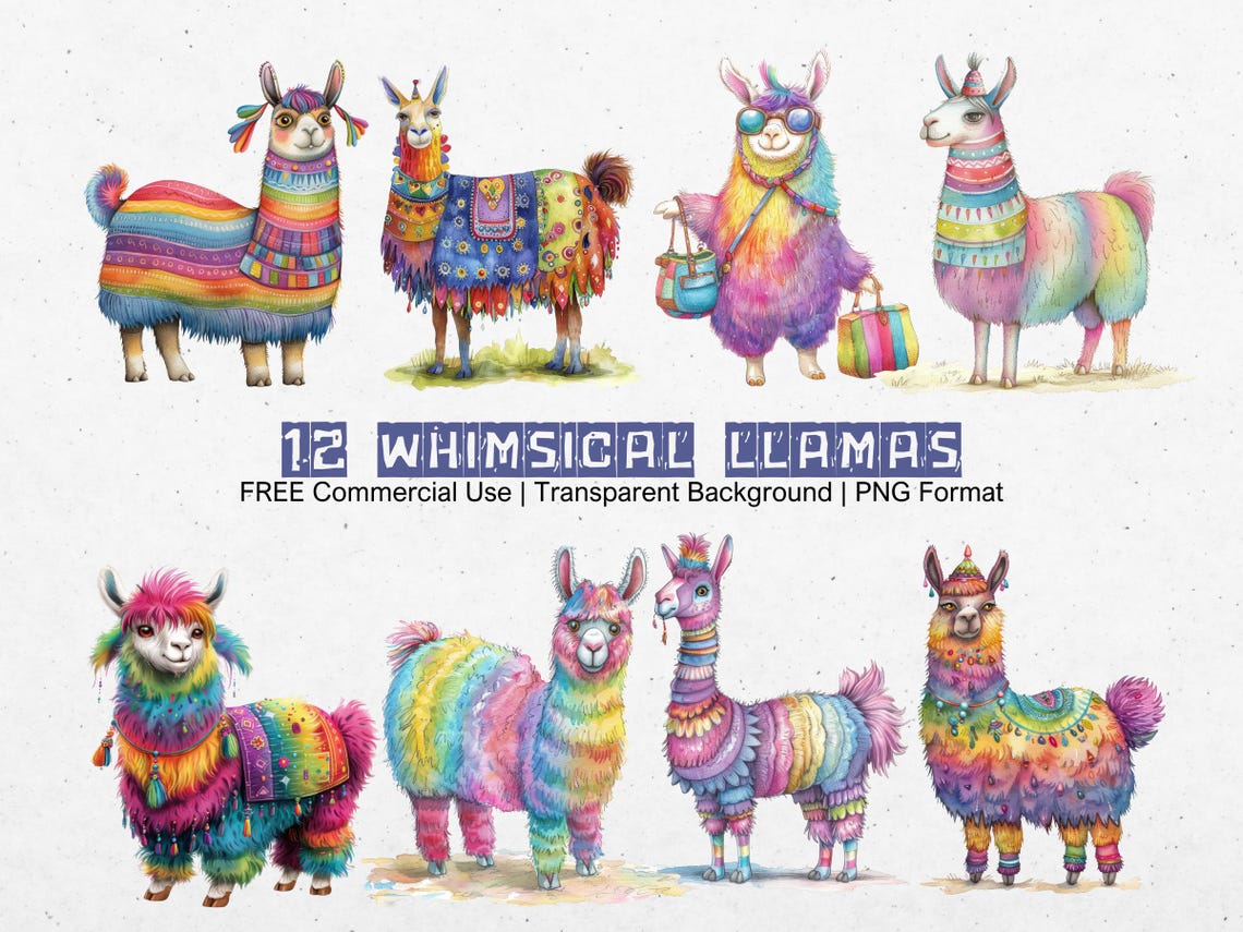 Whimsical Llama Clipart Colorful Animal Graphics Collection Instant ...