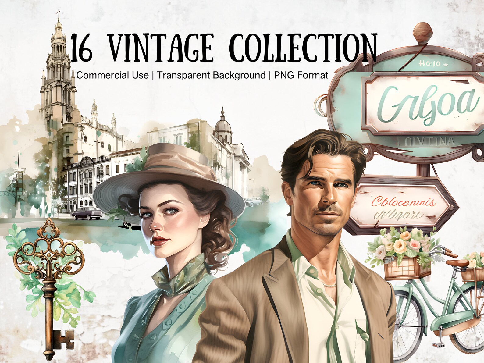 Green Watercolor Vintage Clipart for Journaling and Scrapbooking | PNG ...