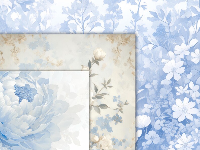 Printable Blue Floral Pages Digital Decoupage Paper Decorative Ephemera ...