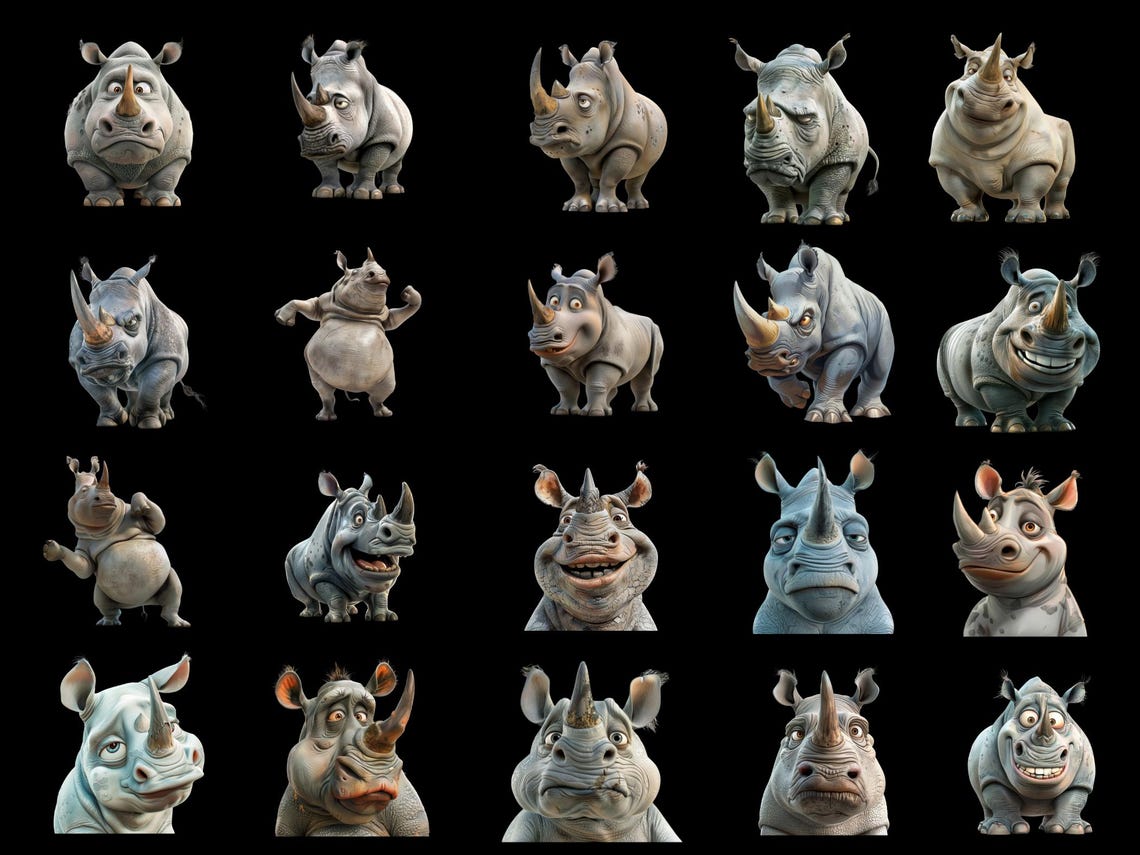 Funny Rhinoceros Clipart Bundle With Transparent Background for Quirky ...