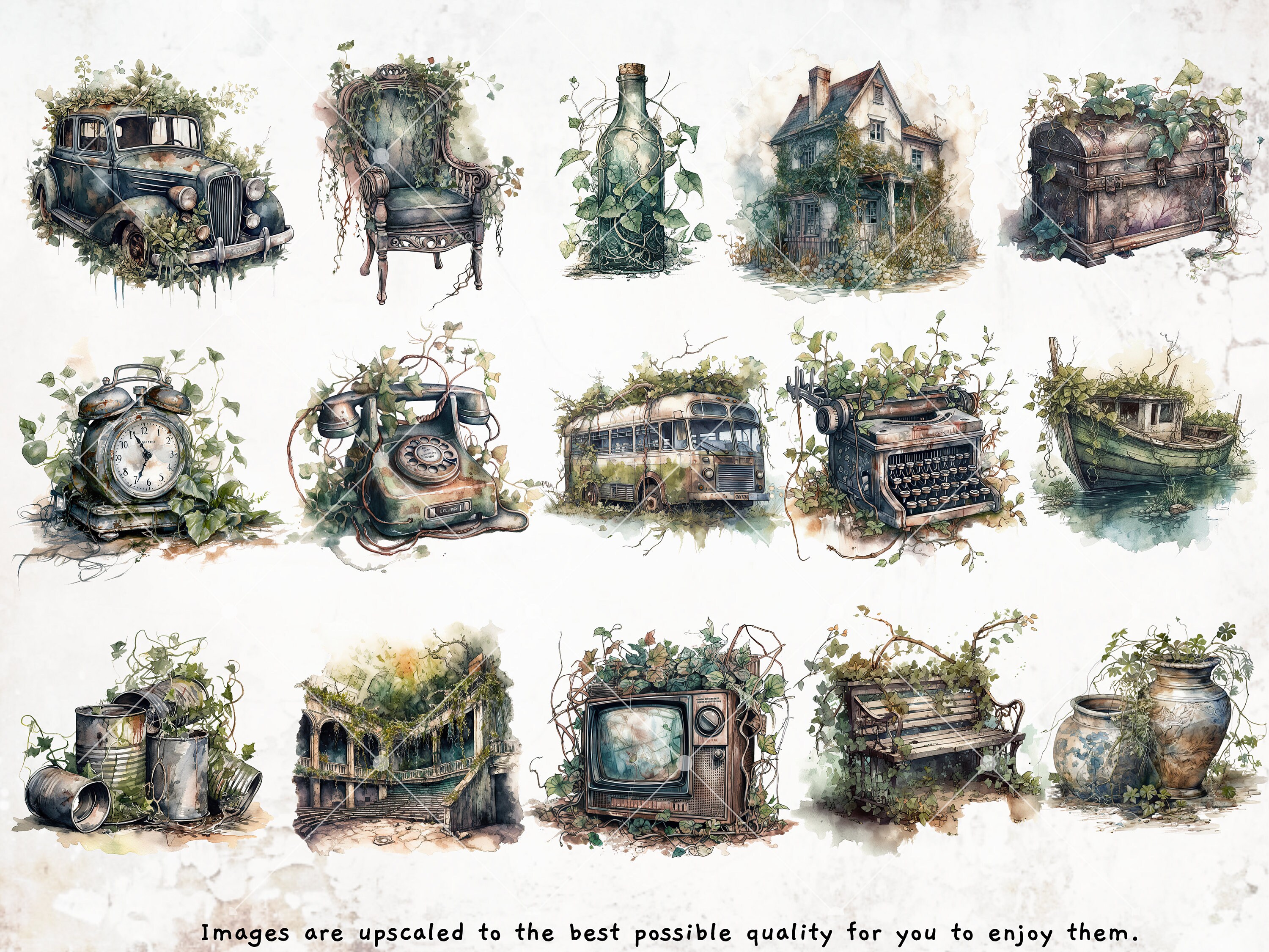 Overgrown Things Clipart Bundle: Watercolor Mossy Objects (digital ...