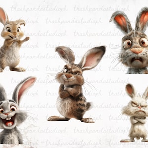 Quirky Bunnies Clipart Bundle, Funny Bunny Graphics PNG, Humorous ...
