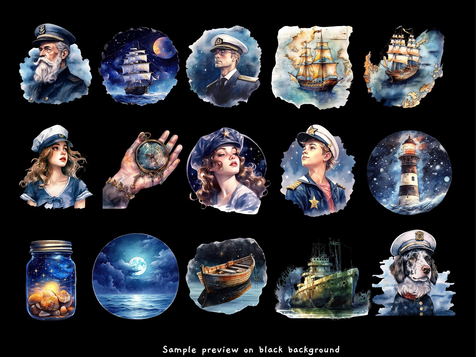 Night Sailing Watercolor Clipart: Nautical PNG Collection (digital ...