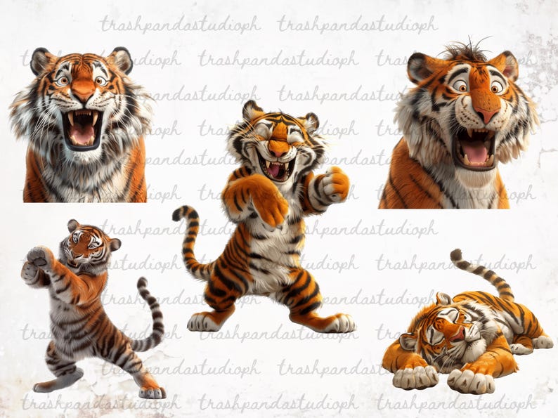 Quirky Wild Tigers Clipart Bundle, Funny and Humorous Fierce Tiger PNG ...
