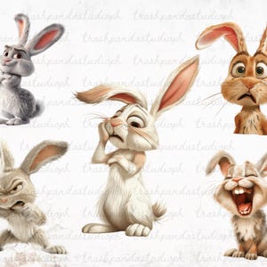Quirky Bunnies Clipart Bundle, Funny Bunny Graphics PNG, Humorous ...