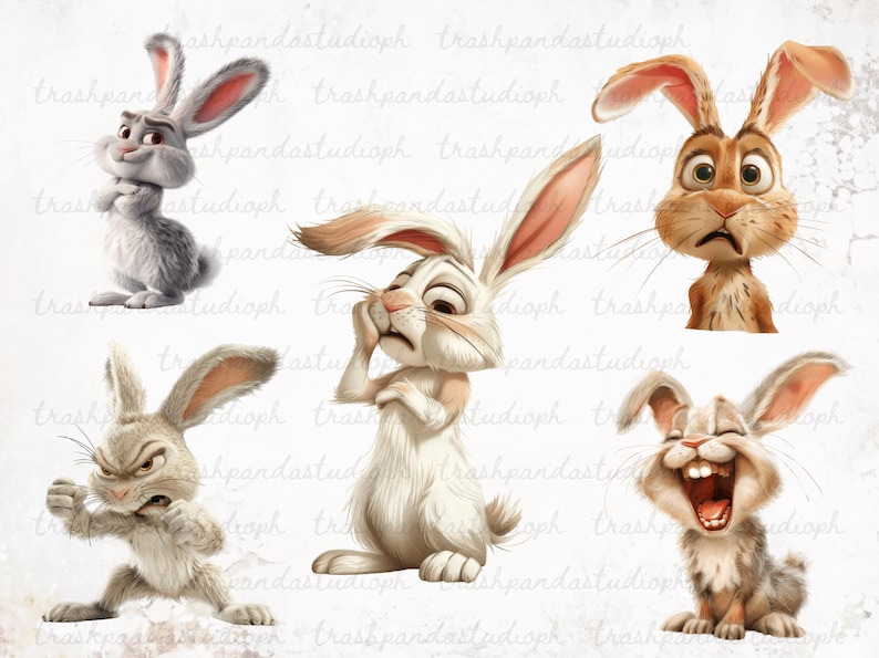 Quirky Bunnies Clipart Bundle, Funny Bunny Graphics PNG, Humorous ...