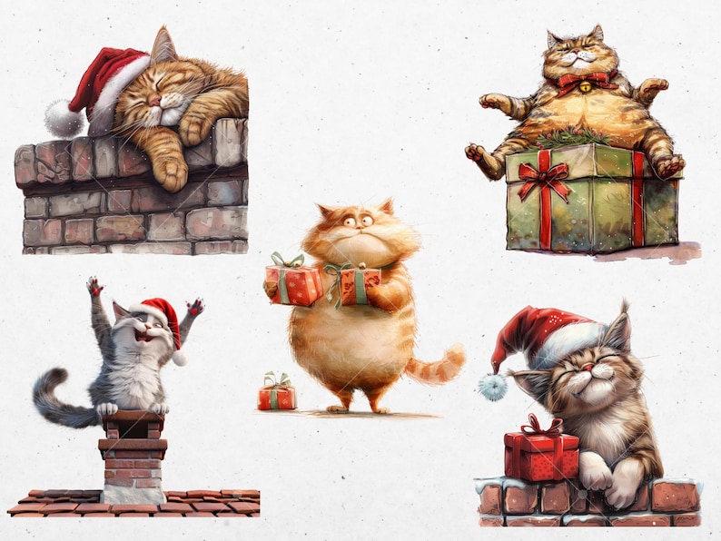 Quirky Christmas Cat Clipart Whimsical Funny Animals Silly Holiday Cat ...